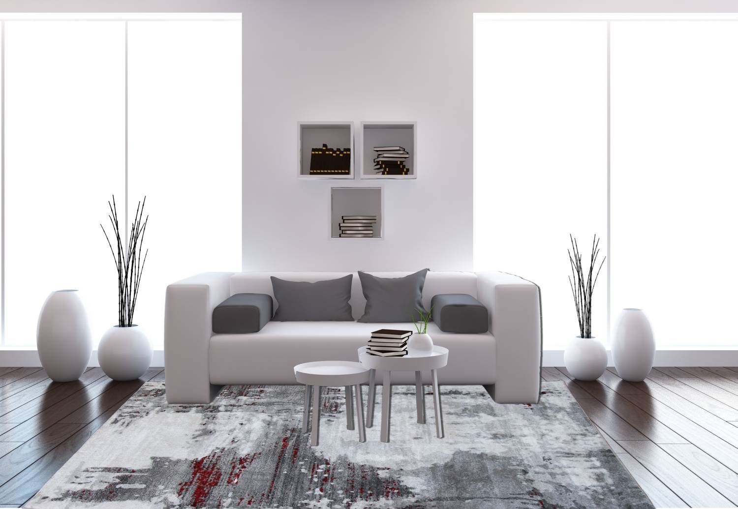 Abstract Gray Rug with Red Stripes - Red Abstract Rug